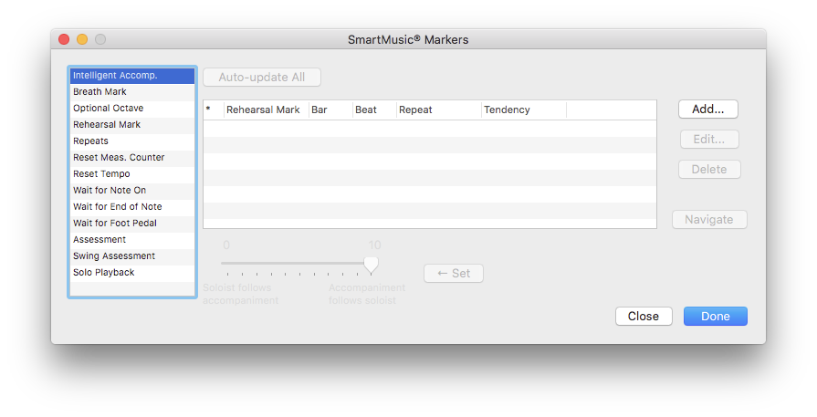 SmartMusic Markers dialog box